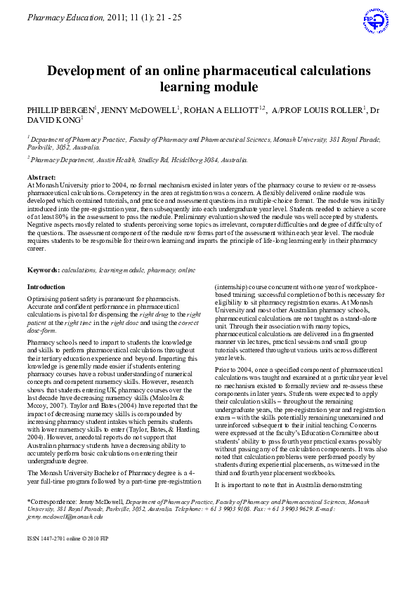 (PDF) Development of an online pharmaceutical calculations learning module
