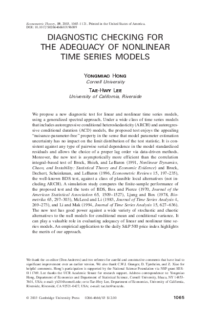 Pdf Diagnostic Checking For The Adequacy Of Nonlinear Time Series Models