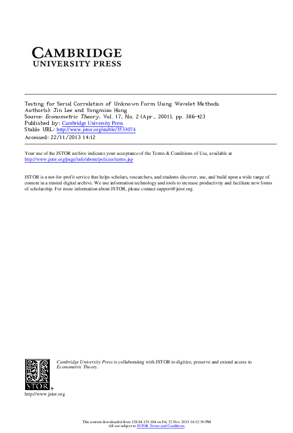 Pdf Testing For Serial Correlation Of Unknown Form Using Wavelet Methods