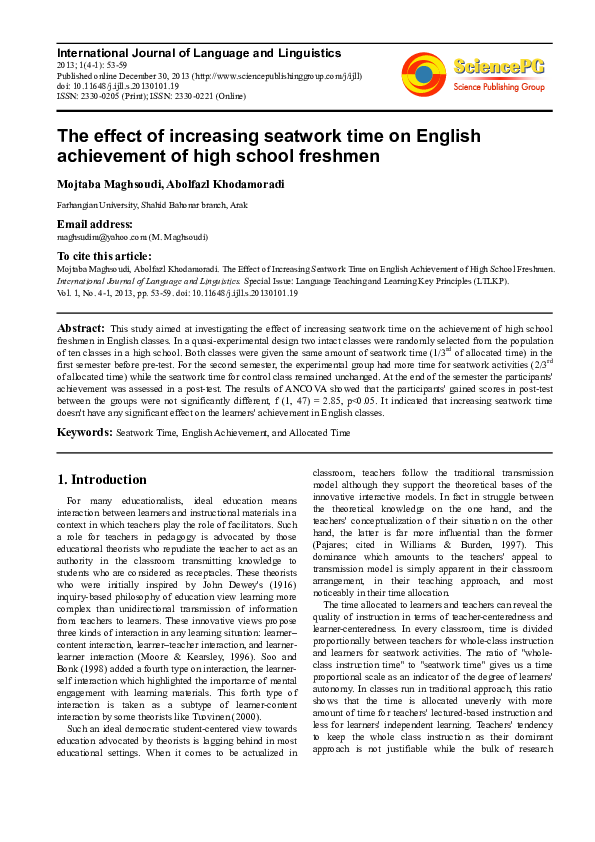 (PDF) The Effect of Increasing Seatwork Time on English Achievement of ...