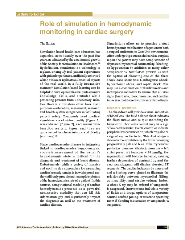 (PDF) Role of simulation in hemodynamic monitoring in cardiac surgery