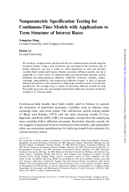 Pdf Nonparametric Specification Testing For Continuous Time Models With Applications To Term