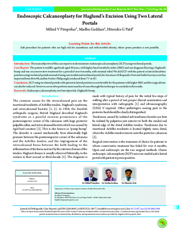 (PDF) Endoscopic Calcaneoplasty for Haglunds Excision Using Two Lateral ...