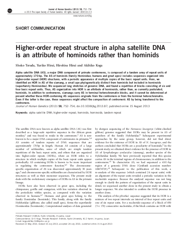 (PDF) Higher-order repeat structure in alpha satellite DNA is an ...