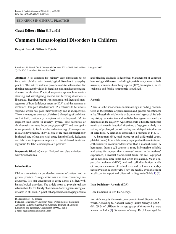 (PDF) Common Hematological Disorders in Children