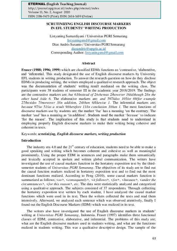 (PDF) Scrutinizing English Discourse Markers in Efl Students’ Writing Production