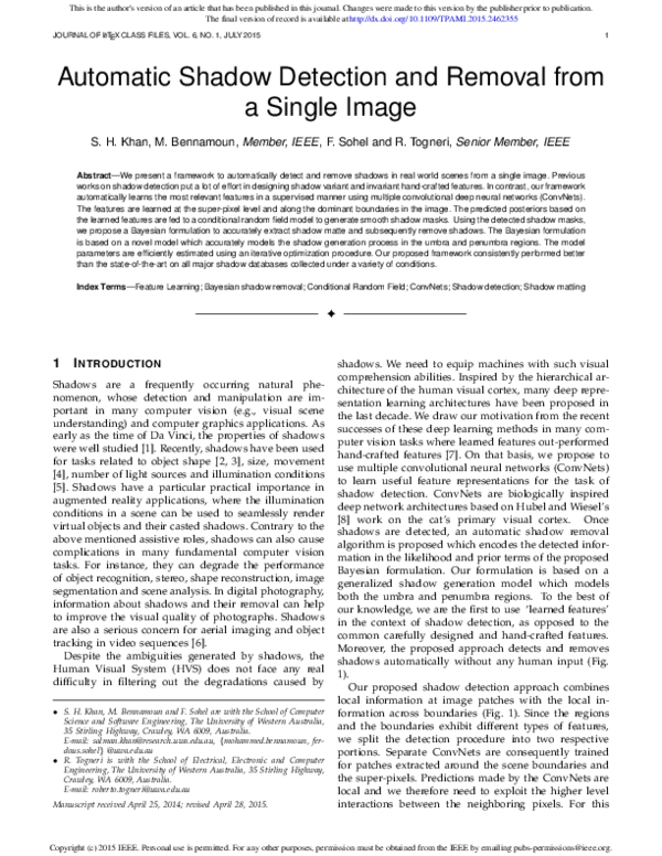 (PDF) Automatic Shadow Detection and Removal from a Single Image