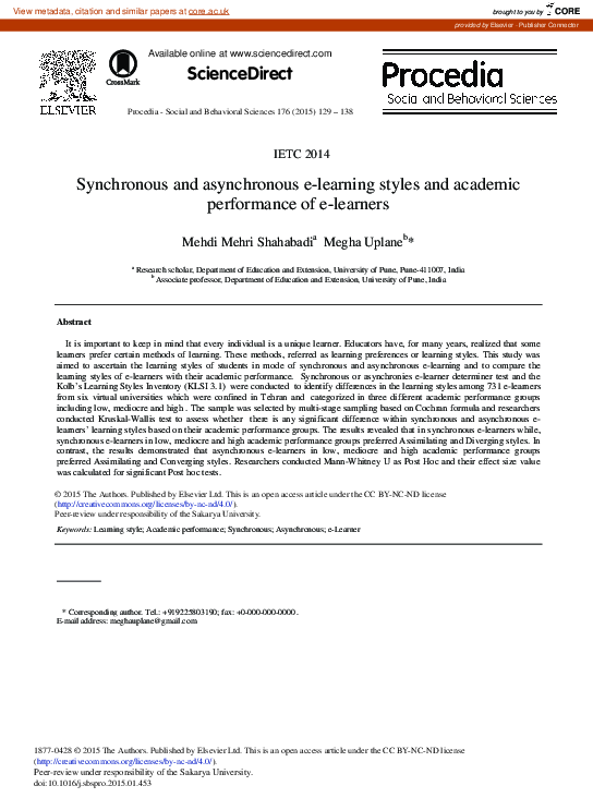 (PDF) Synchronous and Asynchronous e-learning Styles and Academic Performance of e-learners