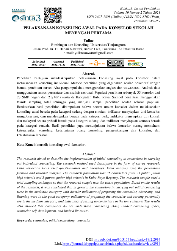 (PDF) PELAKSANAAN KONSELING AWAL PADA KONSELOR SEKOLAH MENENGAH PERTAMA (PDF) PELAKSANAAN KONSELING AWAL PADA KONSELOR SEKOLAH MENENGAH PERTAMA