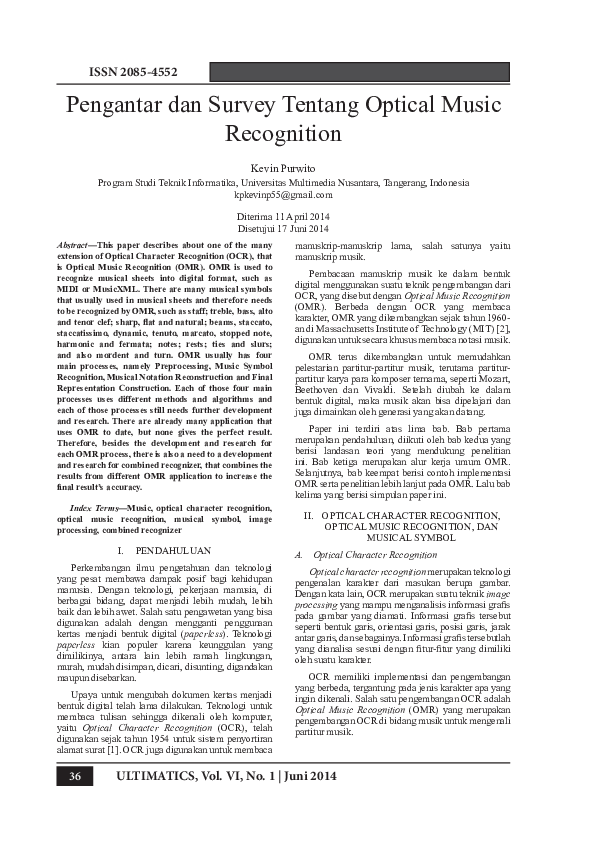 (PDF) Pengantar dan Survey Tentang Optical Music Recognition