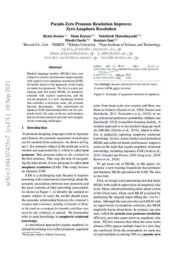 Pdf Pseudo Zero Pronoun Resolution Improves Zero Anaphora Resolution 