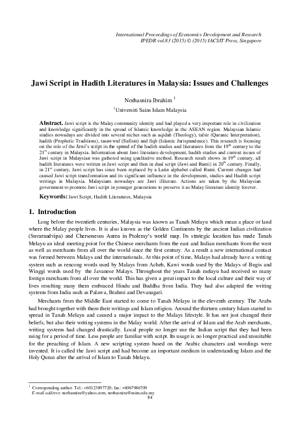 (PDF) Jawi Script in Hadith Literatures in Malaysia: Issues and Challenges