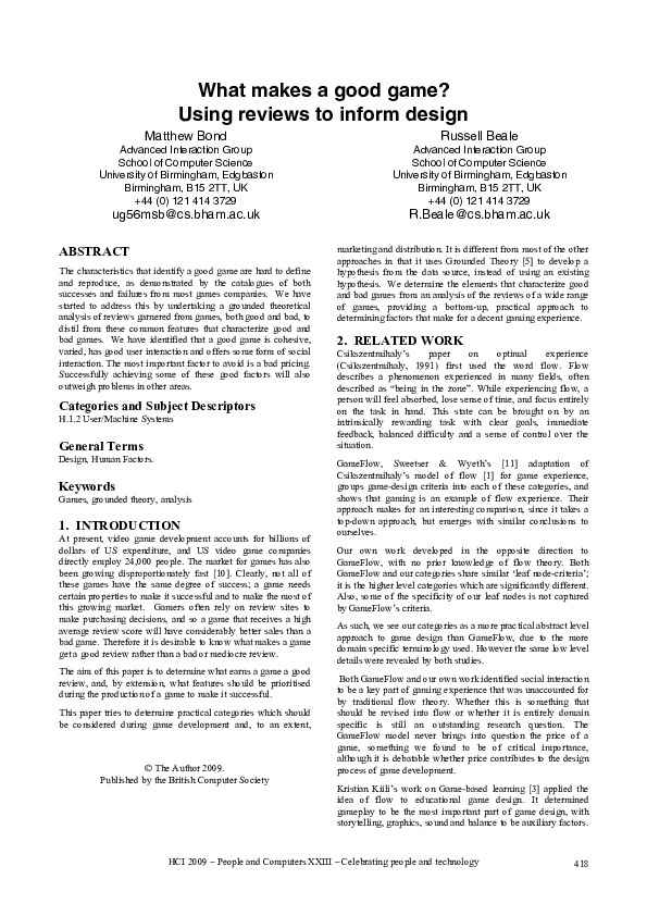 (PDF) What makes a good game?: using reviews to inform design