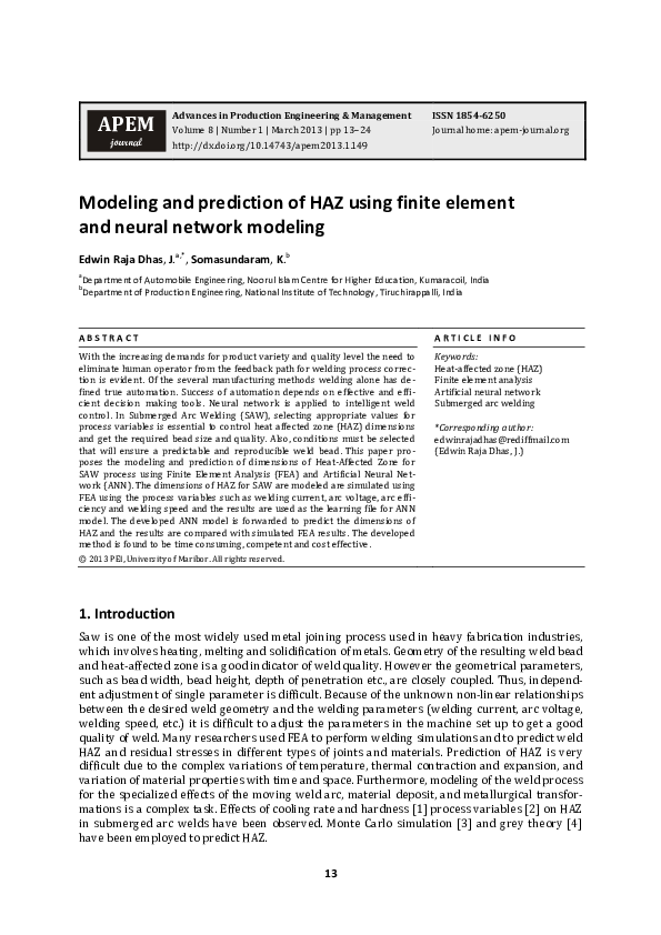 Pdf Modeling And Prediction Of Haz Using Finite Element And Neural Network Modeling