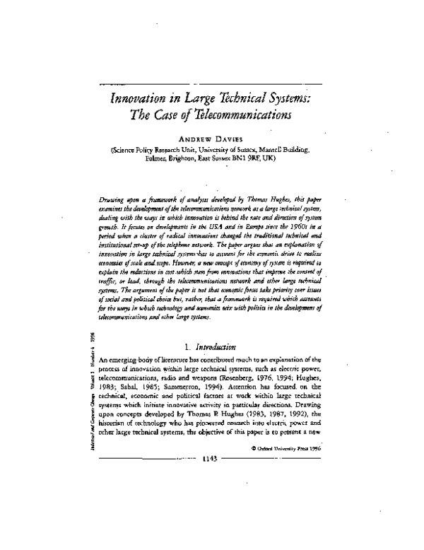 (PDF) Innovation in Large Technical Systems: The Case of Telecommunications