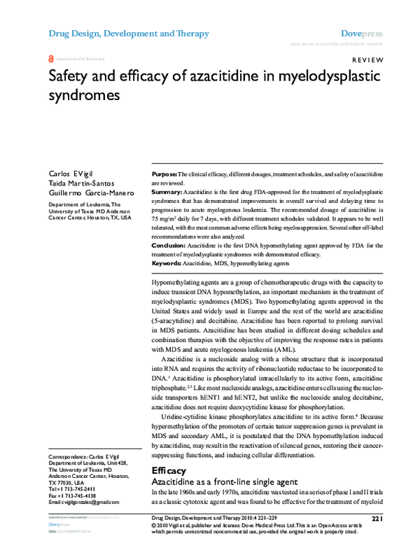(PDF) Safety and efficacy of azacitidine in myelodysplastic syndromes