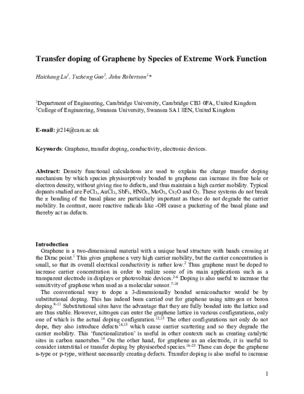(PDF) Transfer doping of Graphene by Species of Extreme Work Function