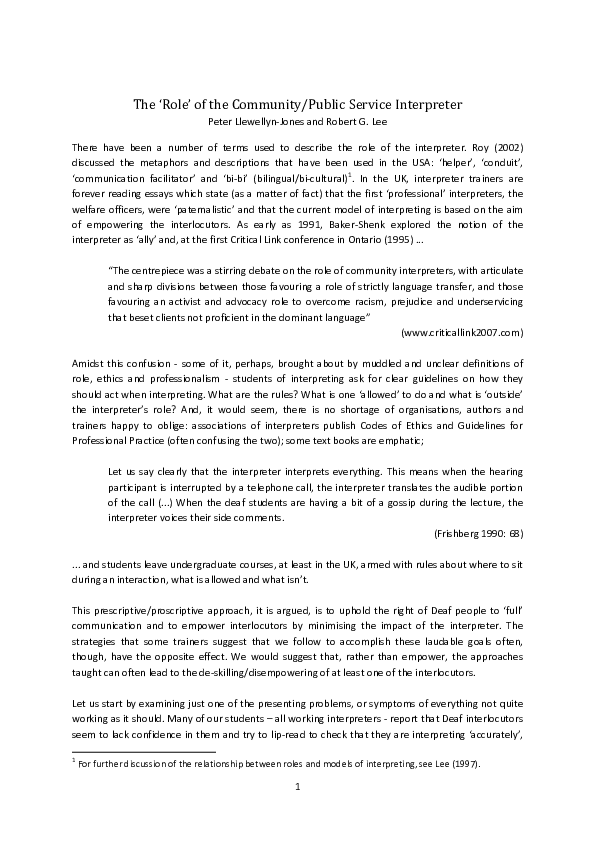 (PDF) The ‘Role’ of the Community/Public Service Interpreter