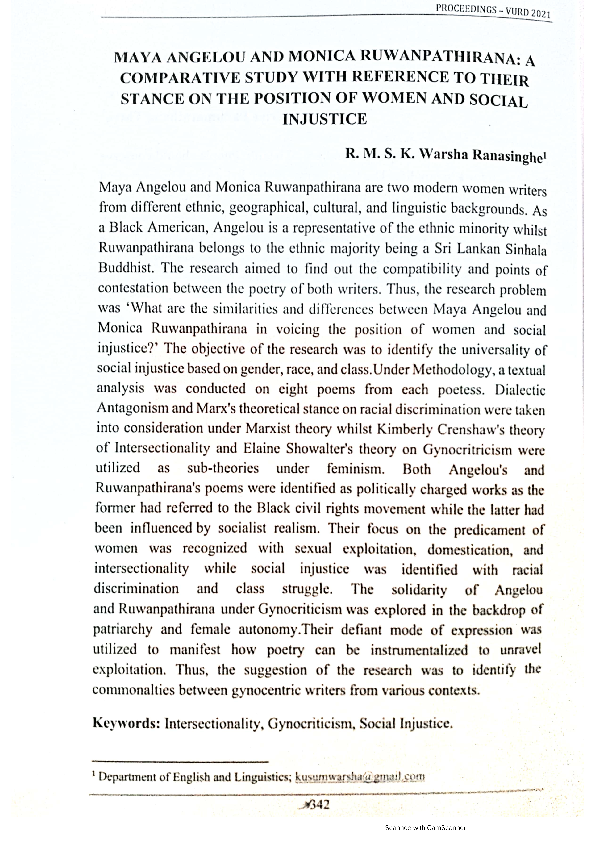 (PDF) Maya Angelou and Monica Ruwanpathirana - A comparative study of their stance in voicing ...