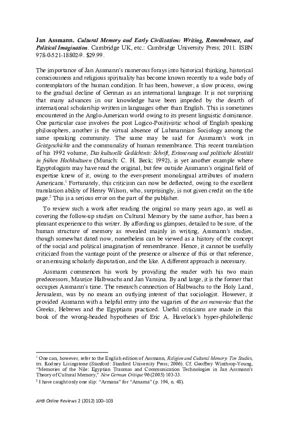 (PDF) Review of Jan Assman, Cultural Memory and Early Civilization ...