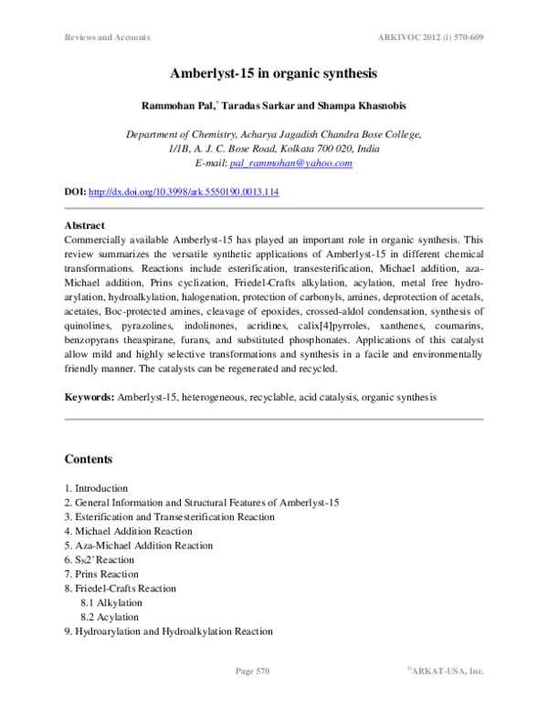 (PDF) Amberlyst‐15 in Organic Synthesis