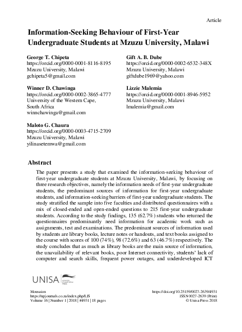 (PDF) Information-Seeking Behaviour of First-Year Undergraduate ...