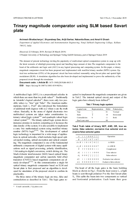 (PDF) Trinary magnitude comparator using SLM based Savart plate