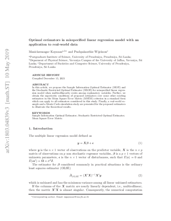 (PDF) ST ] 1 0 M ay 2 01 9 Optimal estimators in misspecified linear regression model with an ...