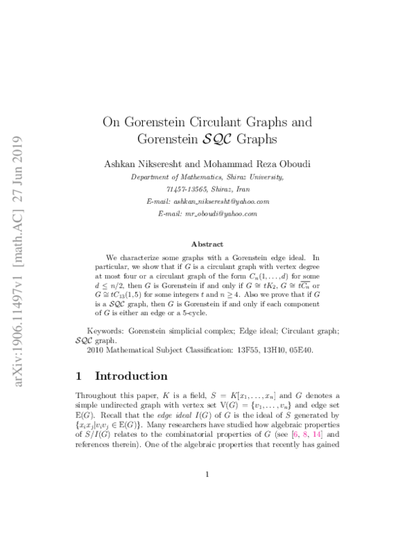 (PDF) On Gorenstein Circulant Graphs and Gorenstein SQC Graphs