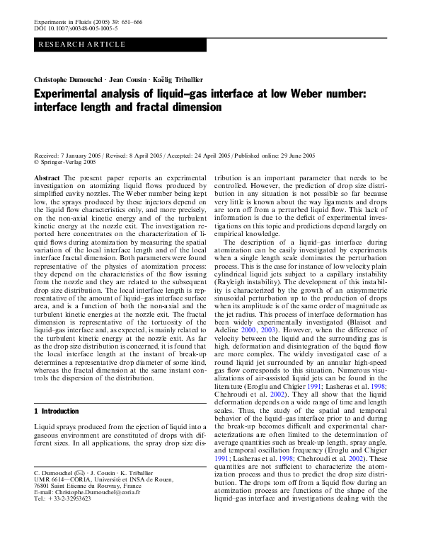 (PDF) Experimental analysis of liquid–gas interface at low Weber number ...