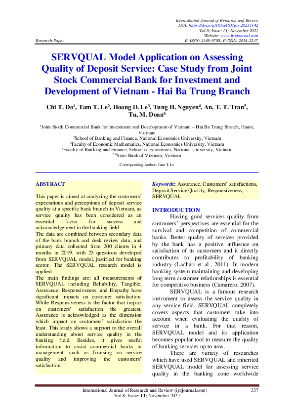 (PDF) SERVQUAL Model Application on Assessing Quality of Deposit ...