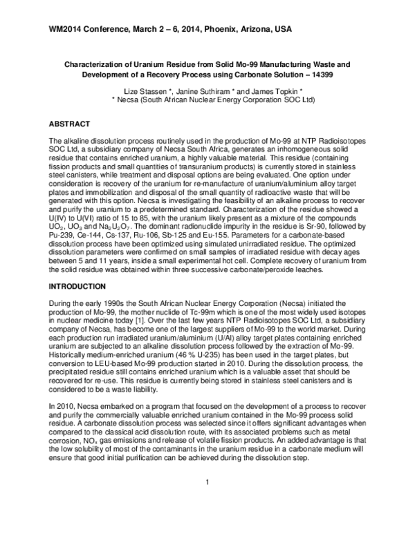 (PDF) Residue from Solid Mo-99 Manufacturing Waste and Development of a ...