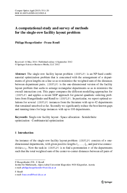 (PDF) A computational study and survey of methods for the single-row facility layout problem
