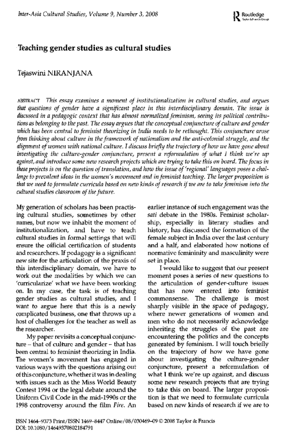 (PDF) Teaching gender studies as cultural studies