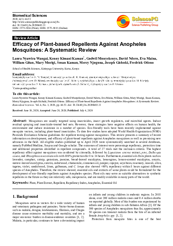 (PDF) Efficacy of Plant-based Repellents Against Anopheles Mosquitoes ...