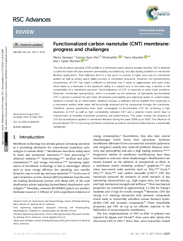 (PDF) Functionalized carbon nanotube (CNT) membrane: progress and ...
