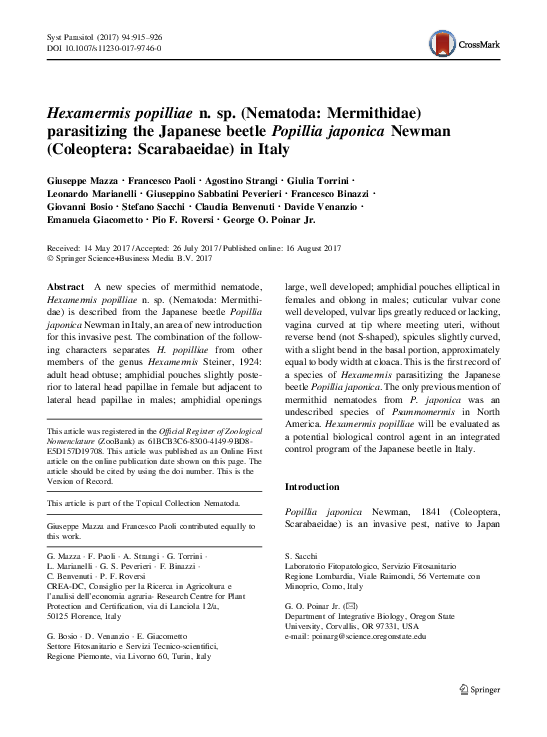 (PDF) Hexamermis popilliae n. sp. (Nematoda: Mermithidae) parasitizing ...