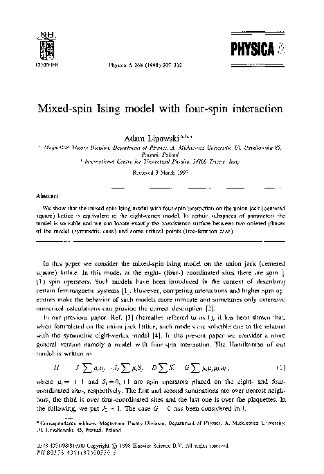 (PDF) Mixed-spin Ising model with four-spin interaction