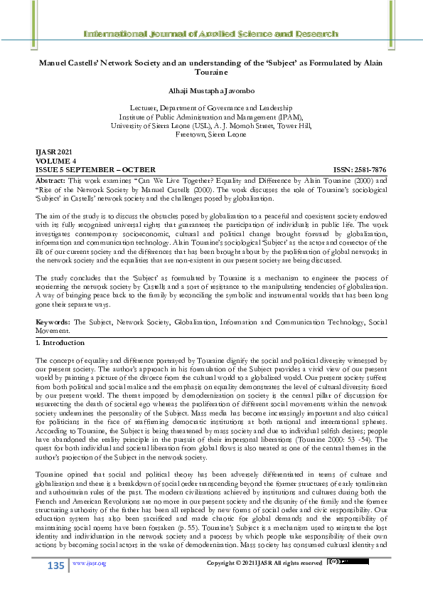 (PDF) Manuel Castells' Network Society and an understanding of the ...