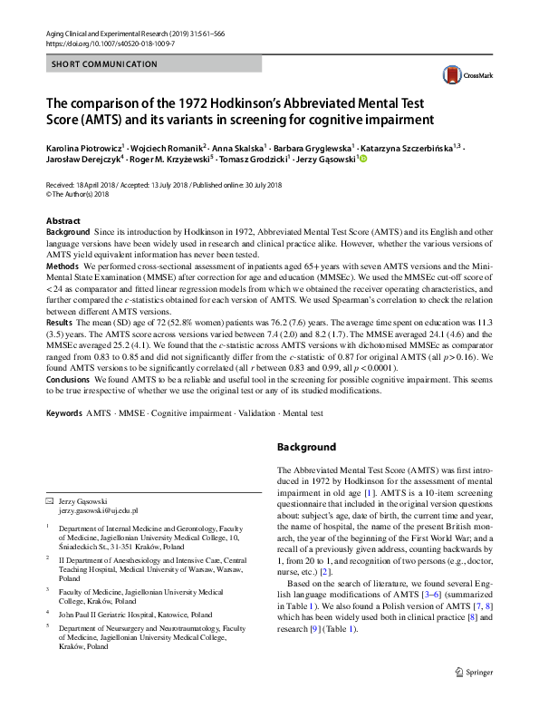 (PDF) The comparison of the 1972 Hodkinson’s Abbreviated Mental Test ...