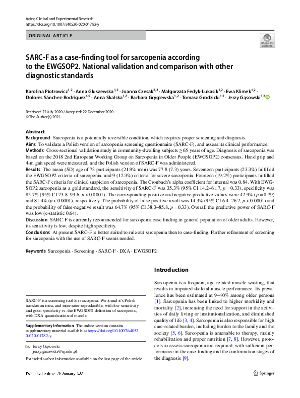 (PDF) SARC-F as a case-finding tool for sarcopenia according to the EWGSOP2. National validation ...