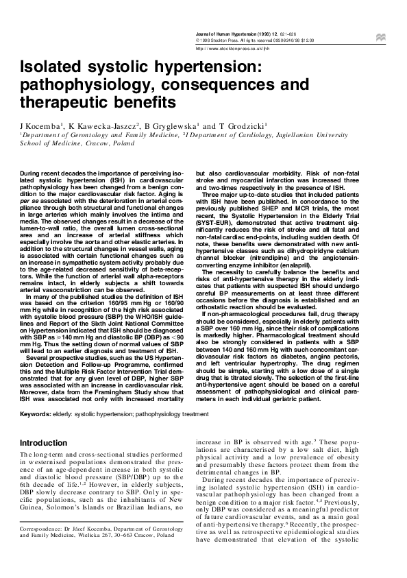 (PDF) Isolated systolic hypertension: pathophysiology, consequences and ...