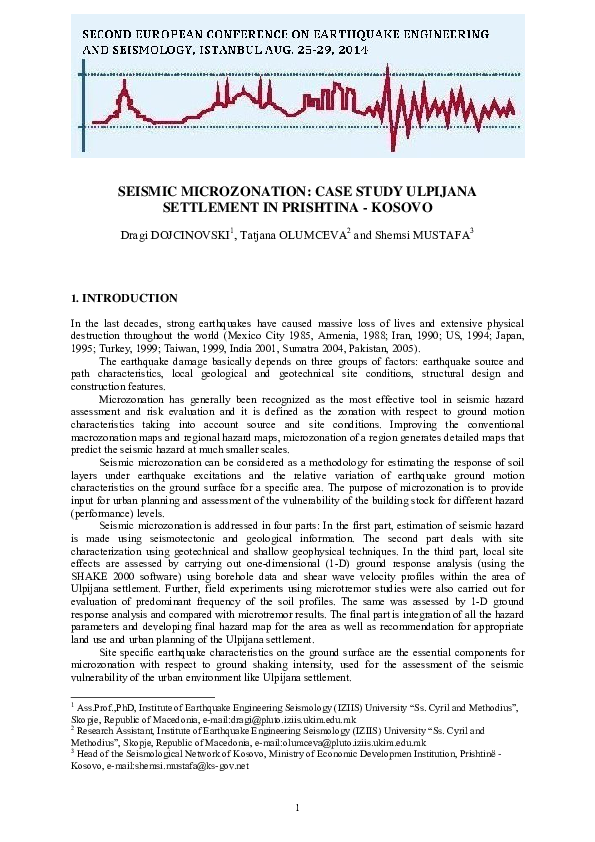 (PDF) Seismic Microzonation : Case Study Ulpijana Settlement in Prishtina-Kosovo 1