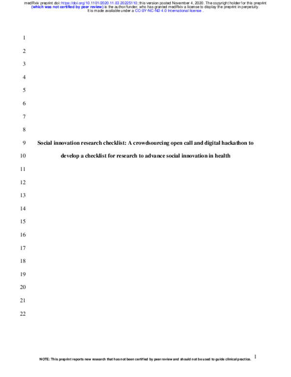 (PDF) Social innovation research checklist: A crowdsourcing open call and digital hackathon to ...
