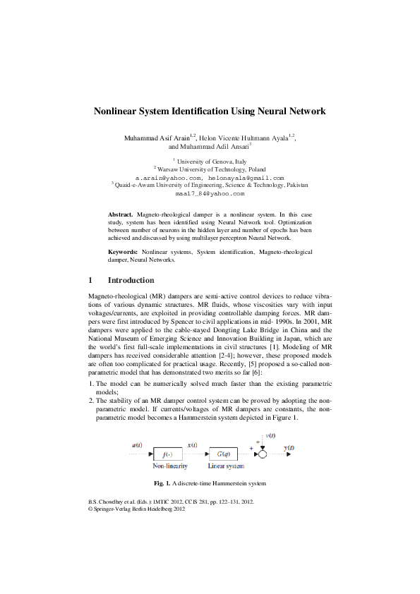 (PDF) Nonlinear System Identification Using Neural Network