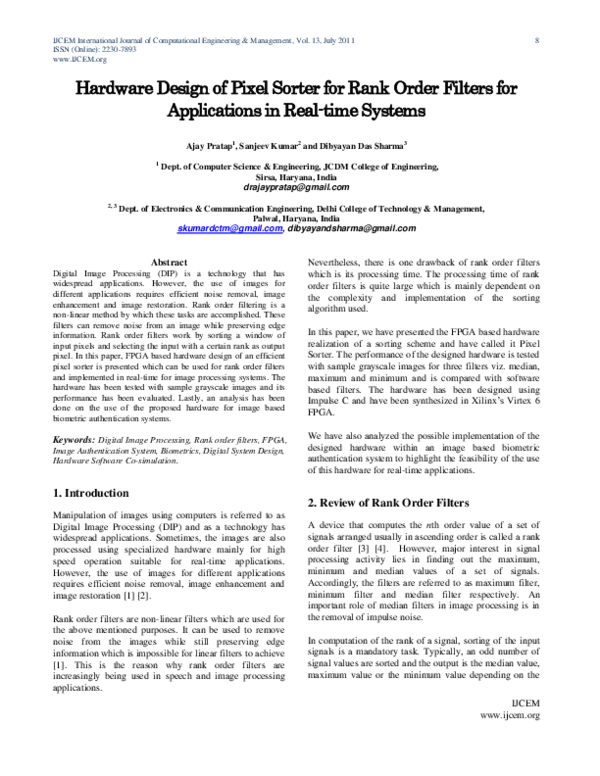 (PDF) Hardware Design of Pixel Sorter for Rank Order Filters for ...