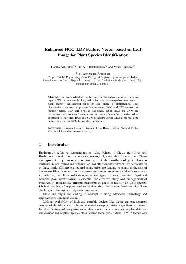 Pdf Enhanced Hog Lbp Feature Vector Based On Leaf Image For Plant