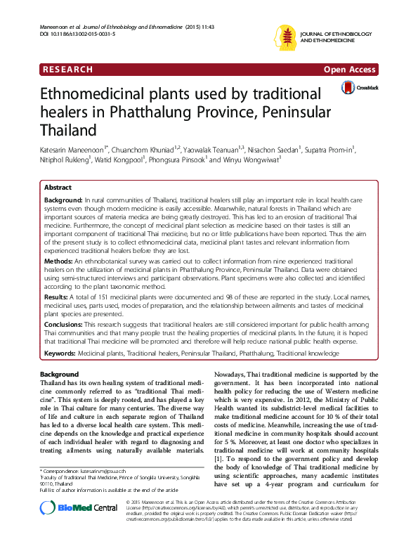 (PDF) Ethnomedicinal plants used by traditional healers in Phatthalung Province, Peninsular Thailand