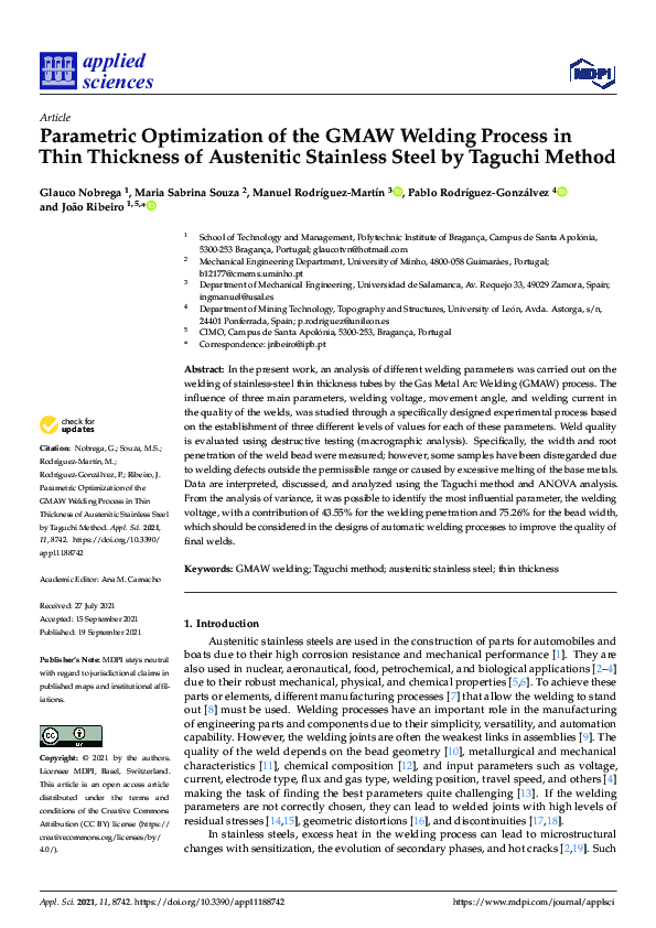(PDF) Parametric Optimization of the GMAW Welding Process in Thin Thickness of Austenitic ...