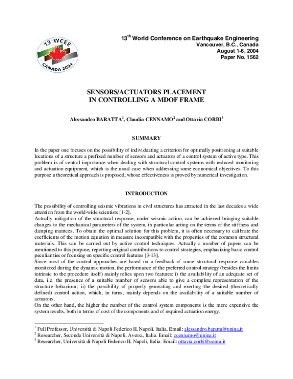 (PDF) Actuators Placement in Controlling a Mdof Frame
